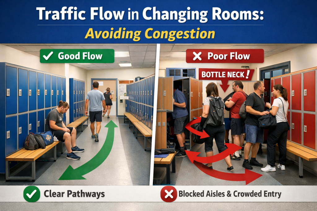 Traffic Flow in Changing Rooms: How to Avoid Congestion